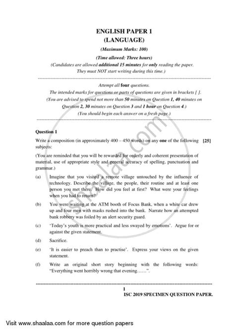 English Language 2018 2019 Isc Commerce Class 12 Set 1 Specimen Question Paper With Pdf