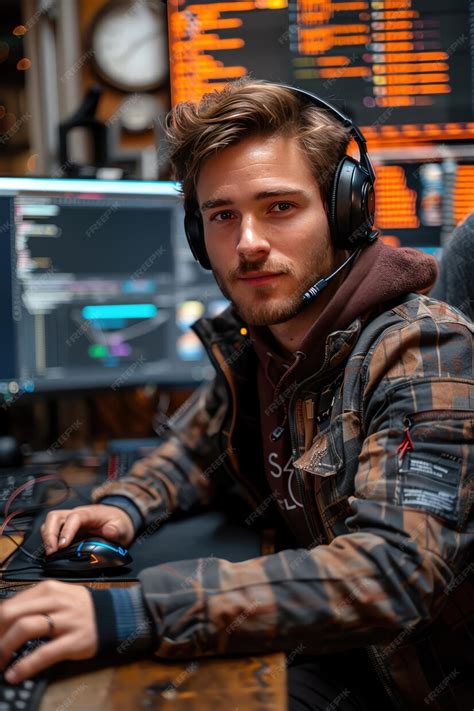 Programmer With Headphones Focused Coding Session Dual Screens Tech