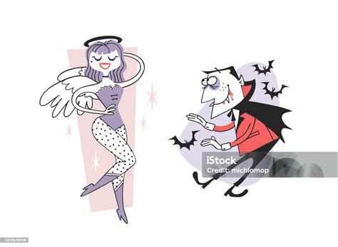 손으로 그린 복고풍 일러스트 할로윈 문자 창조적 인 만화 예술 작품 실제 벡터 그리기 휴일 사람들 예술적 고립 된 빈티지 천사와 드라큘라 가면 무도회에 대한 스톡 벡터 아트