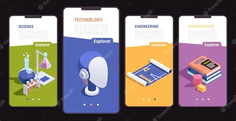 Stem 교육 4 아이소메트릭 스마트폰 화면 프로젝트 과학 기술 엔지니어링 수학 프로그램 기호 그림으로 설정 무료 벡터