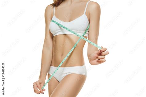 Portrait Of Beautiful Babe Caucasian Woman Measuring Her Figure Size With Tape Measure Woman S