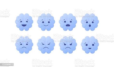 마음과 기본 감정 개념 벡터 플랫 일러스트 세트입니다 행복 분노 슬픔 사랑 걱정 질투와 두려움의 매혹적인 표현과 뇌 배너 포스터 Ui 인포그래픽에 대한 디자인 요소 사람