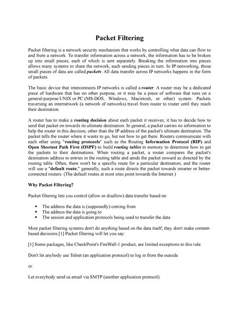 Packet Filtering Notes In Css Packet Filtering Packet Filtering Is A Network Security