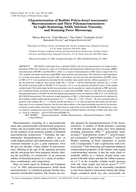 Pdf Characterization Of Rodlike Poly N Hexyl Isocyanate Macromonomers And Their