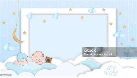 파란색 배경에 아기 소년 샤워 카드에 대한 벡터 그림 종이 아트 추상 종이 접기 구름 초승달과 푸른 하늘에 별 아기의 사진을위한 복사 공간으로 잘라 귀여운 종이 아기에 대한