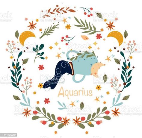 물병자리 조디악은 나뭇잎 꽃 별의 화려한 화환에 있습니다 점성술 물병 자리 조디악 포스터 로고 카드에 적합합니다 벡터 그림입니다 물병자리에 대한 스톡 벡터 아트 및 기타