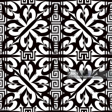 그리스 꽃 줄무늬 흑백 벡터 완벽 한 패턴입니다 장식적인 추상적인 기하학적 배경입니다 풍의 배경을 반복 합니다 흑백 분리 된