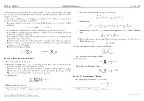 Partie I Une Formule D Euler Partie II Constante D Euler