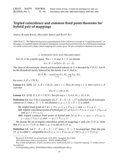 PDF Tripled Coincidence And Common Fixed Point Theorems For Hybrid Pair Of Mappings