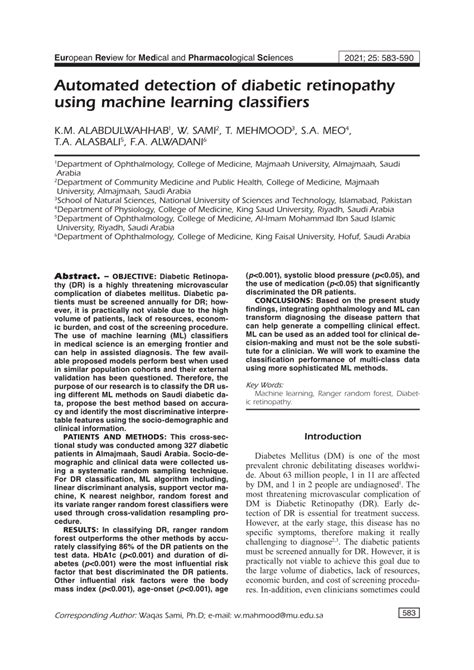 PDF Automated Detection Of Diabetic Retinopathy Using Machine Learning Classifiers