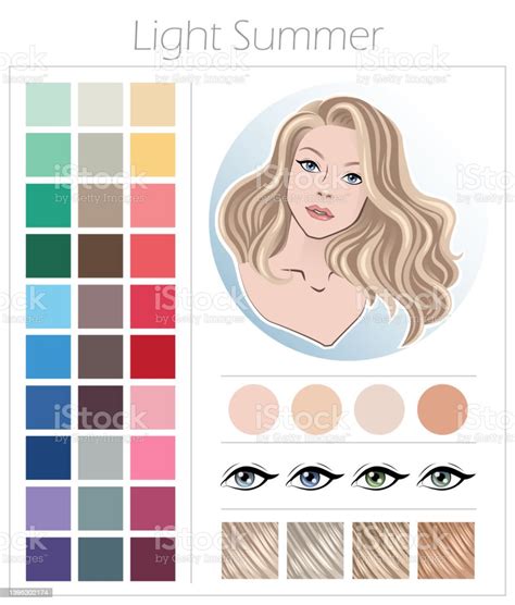밝은 여름 여성의 외모의 색상 유형 이러한 유형의 모양에 적합한 색상 팔레트가 있습니다 색상 묘사에 대한 스톡 벡터 아트 및 기타 이미지 Istock