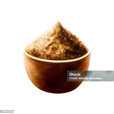 코코아 가루 또는 계피의 수채화 갈색 세라믹 그릇 손으로 그린 반 카카오 Beens 현실적인 유기 Superfood 그림 흰색 배경에 고립되어 있습니다 디자이너 포장 디자인