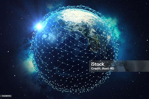 3d 렌더링 공간에서 지구를 통해 네트워크와 데이터 교환 연결 라인 지구 지구 주위 블루 일출입니다 글로벌 국제 연결입니다
