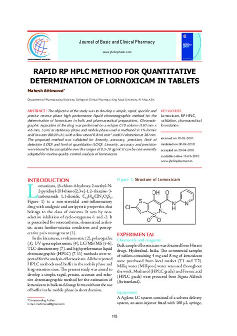 Pdf Rapid Rp Hplc Method For Quantitative Determination Of Lornoxicam