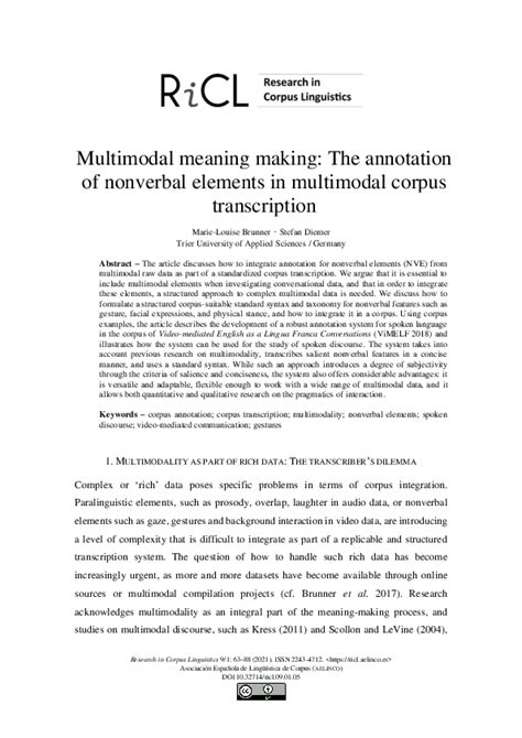 Pdf Multimodal Meaning Making The Annotation Of Nonverbal Elements In Multimodal Corpus