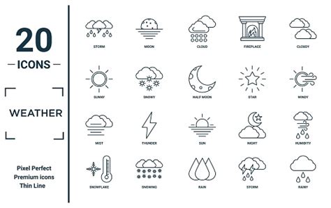 날씨 선형 아이콘 세트입니다 얇은 선 폭풍 맑음 안개 눈송이 비오는 반달 보고서 프리젠 테이션 다이어그램 웹 디자인에 대한 습도 아이콘을 포함합니다 0명에 대한 스톡 벡터