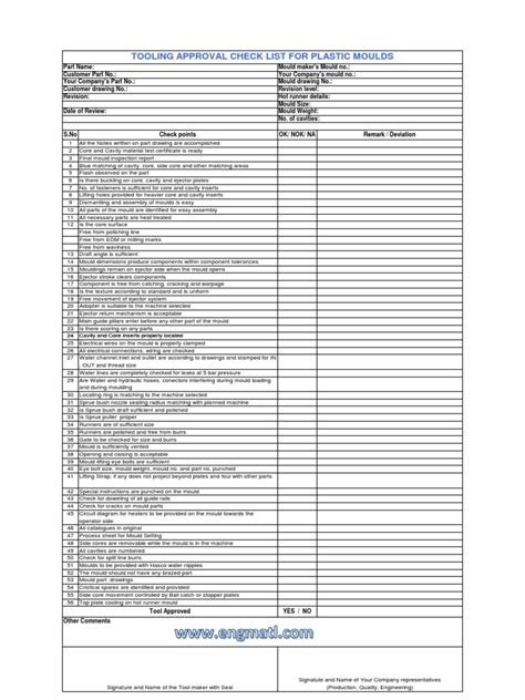 Tooling Approval Checklist For Plastic Moulds0 Pdf Screw Machine Tool
