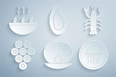 진주 랍스터 캐비어 접시에 해파리 홍합 및 수프 새우 아이콘으로 쉘을 설정합니다 벡터 3차원 형태에 대한 스톡 벡터 아트 및