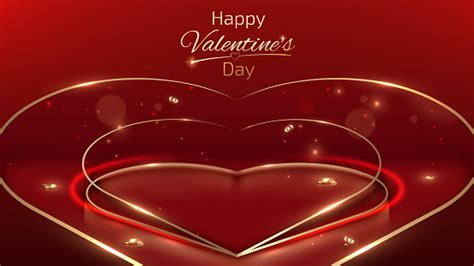 빛과 보케 효과로 장식된 황금색 선 하트 모양의 프레임 발렌타인 데이 제품 프로모션 템플릿에 적합한 우아한 빨간색 배경이 있는 빈 무대 3차원 형태에 대한 스톡 벡터 아트