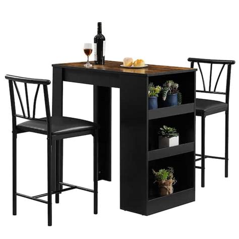 Vecelo Small Bar Table And Chairs Dining Set For 2 Storage Shelves