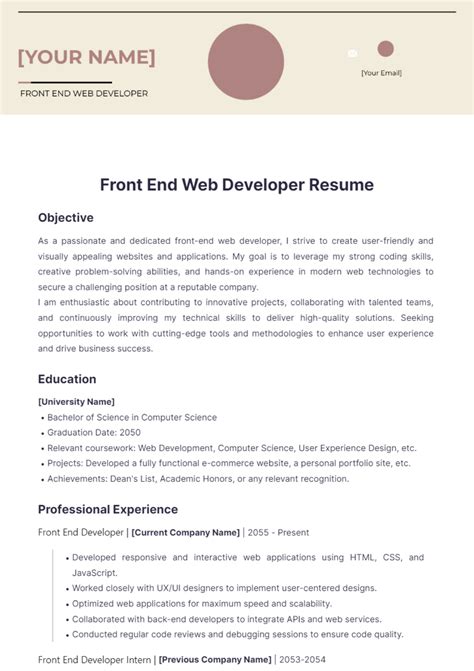 Free Front End Web Developer Resume Template To Edit Online