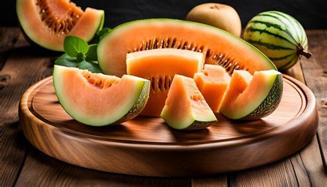 Slices And Cubes Of Melon On A Wooden Platter Premium Ai Generated Image