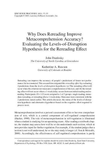 Pdf Why Does Rereading Improve Metacomprehension Accuracy Evaluating The Levels Of Disruption