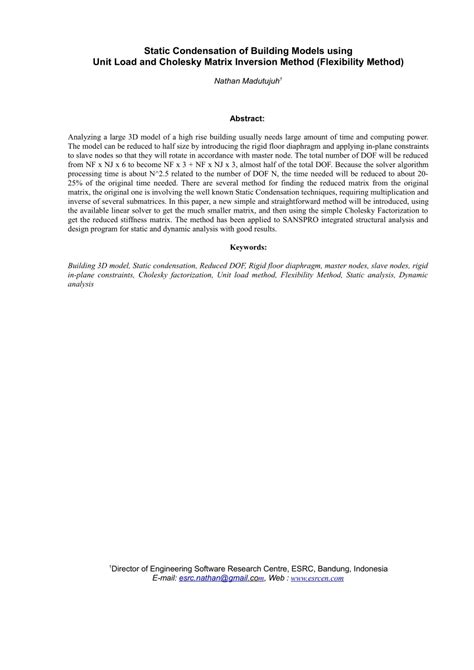 Pdf Static Condensation Of Building Models Using Unit Load And Cholesky Matrix Inversion
