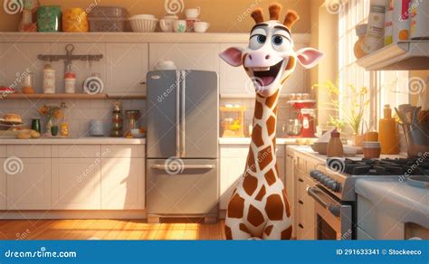 Lighthearted Cartoon Giraffe In Kitchen Pixar Style 4k Wallpaper