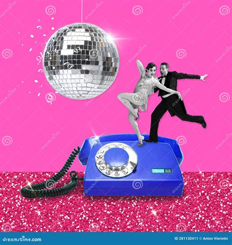 Happy Stylish Lovely Young Couple Man And Woman In Vintage Costumes Dancing Under Disco Ball