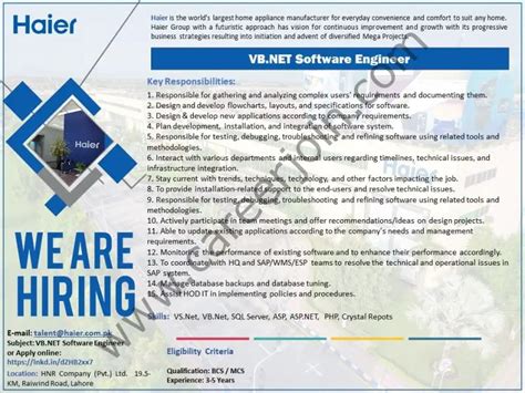 Haier Pakistan Jobs Vb Net Software Engineer