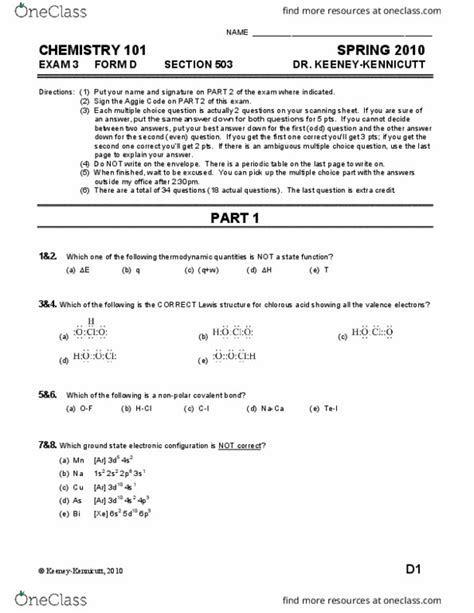 CHEM Midterm CHEM TAMU Exam D Spring OneClass