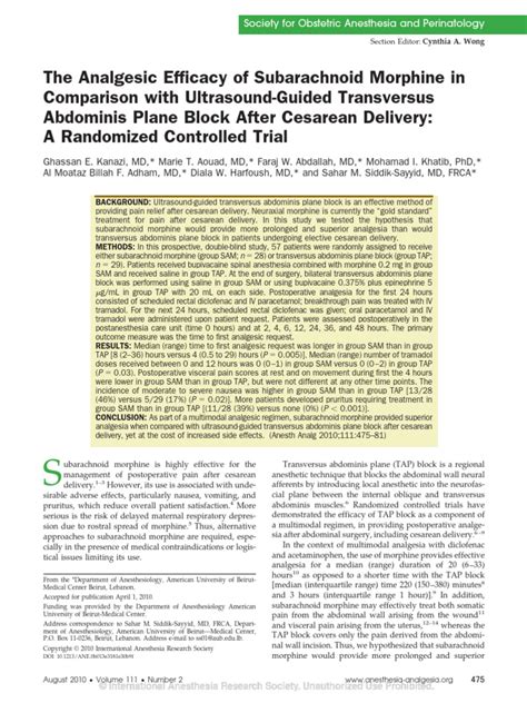 The Analgesic Efficacy Of Subarachnoid Morphine In Comparison With