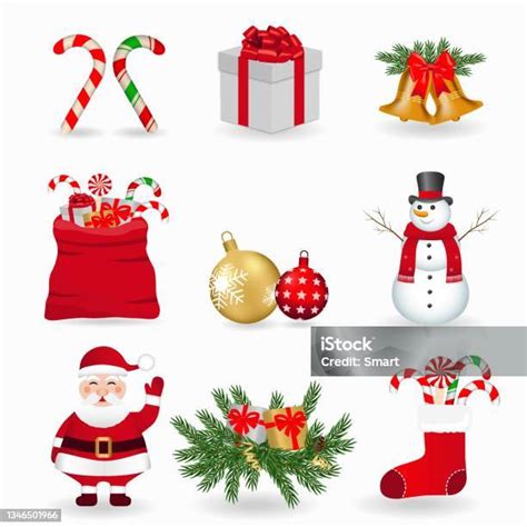 전통적인 메리 크리스마스와 새해 기호세트 나뭇가지 장난감 산타 클로스 크리스마스 스토킹 선물 상자 눈사람 사탕 종과 인사말 카드 벡터 그림입니다 Eps 10 12월에 대한