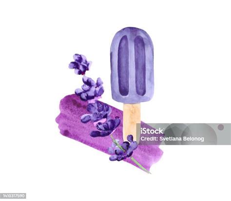흰색 배경에 꽃으로 장식 된 막대기에 밝은 라벤더 아이스크림 음식과 디저트에 엽서와 포스터를 장식하기위한 수채화 그림 0명에 대한 스톡 벡터 아트 및 기타 이미지 Istock