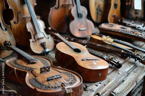 Unique And Diverse Collection Of Vintage String Instruments Including Violins And Guitars