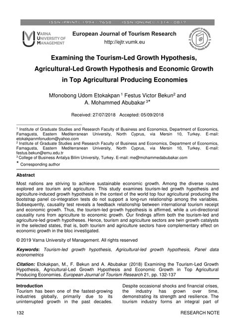 Pdf Examining The Tourism Led Growth Hypothesis Agricultural Led
