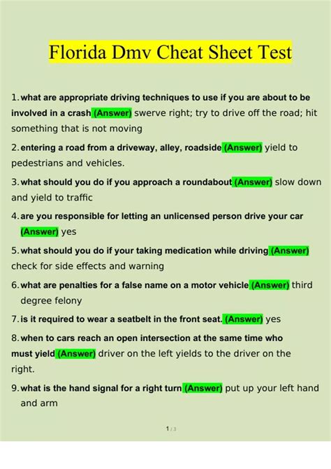 Florida Dmv Cheat Sheet Test 2023 Questions And Answers Verified Answers By Expert Dmv Cheat