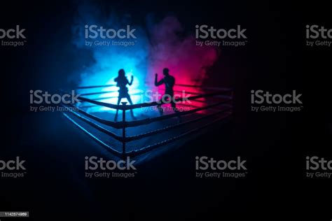 남자와 여자는 반지에 권투 스포츠 개념입니다 안개 톤 어두운 배경 삽화 장식 경쟁에 대한 스톡 사진 및 기타 이미지 경쟁 권투 스포츠 남자 Istock