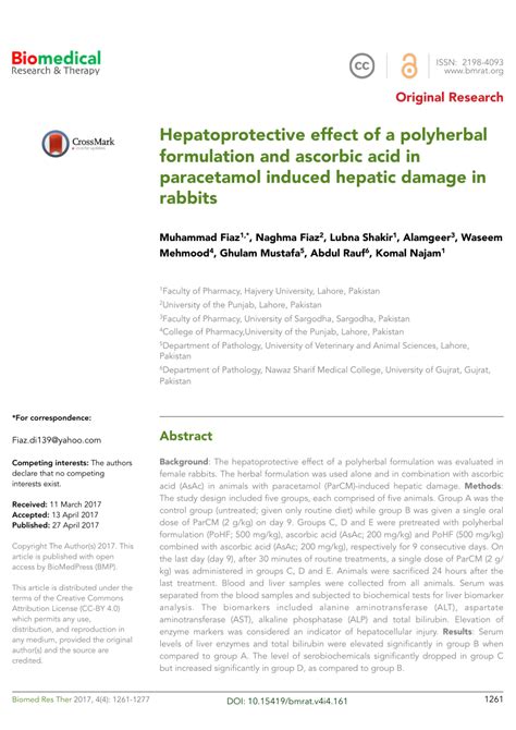 Pdf Hepatoprotective Effect Of A Polyherbal Formulation And Ascorbic Acid In Paracetamol