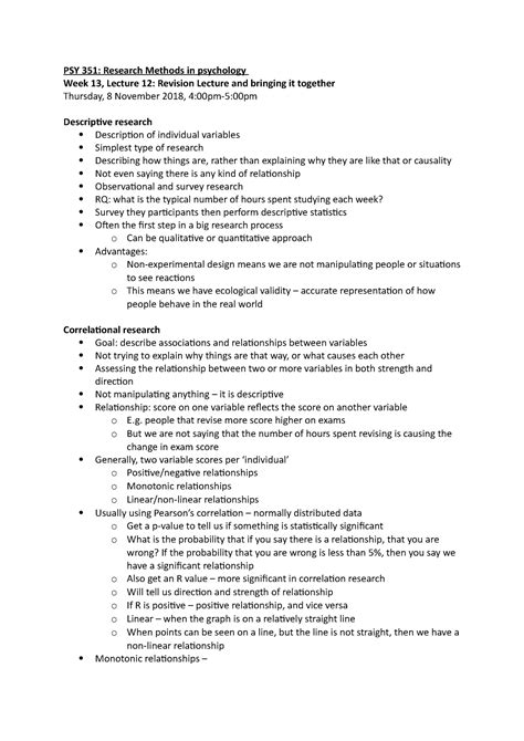 Psy 351 W13 L12 Detailed Lecture Notes Psy 351 Research Methods In Psychology Week 13