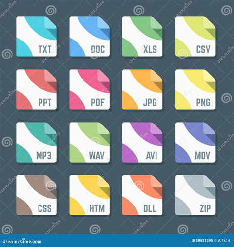 Various Color Flat Style Minimal File Formats Icons Set Editorial Image Illustration Of Sign
