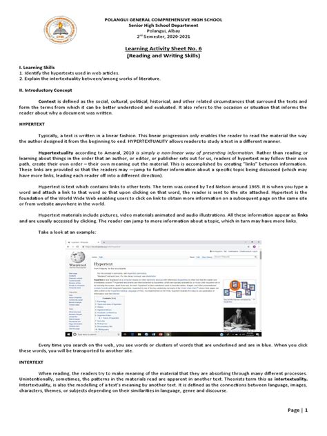 Learning Activity Sheet No 6 Reading And Writing Skills Page 1 Pdf Intertextuality
