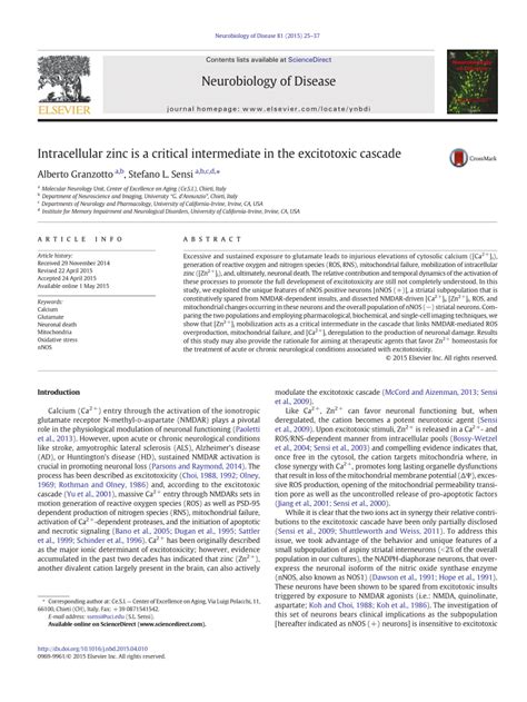 Pdf Intracellular Zinc Is A Critical Intermediate In The Excitotoxic