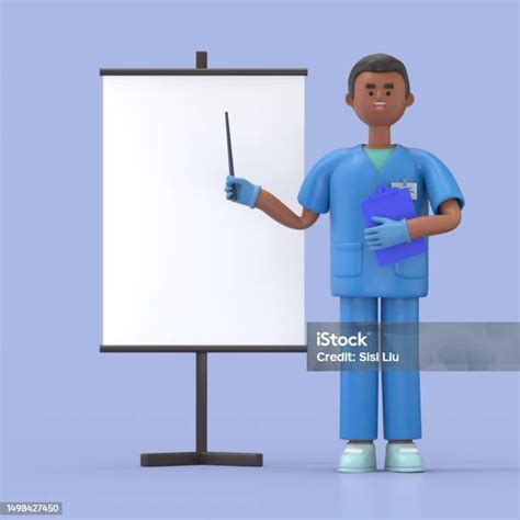 정보 지시 또는 광고의 프리젠테이션으로 빈 보드가 있는 남성 의사 왕의 3d 그림 제품 플립 차트 모형 의사에 대한 스톡 사진