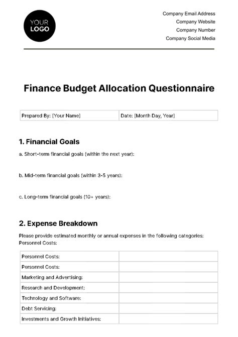Free Finance Budget Allocation Questionnaire Template To Edit Online