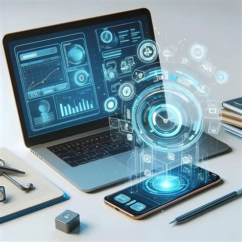 Mobile Phone And Laptop With Holographic Time Management App And Flexible Workspace Text Concept