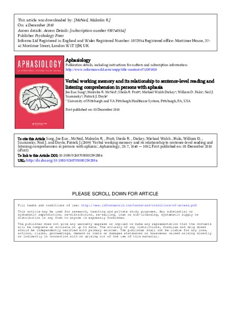 Pdf Verbal Working Memory And Its Relationship To Sentence‐level Reading And Listening
