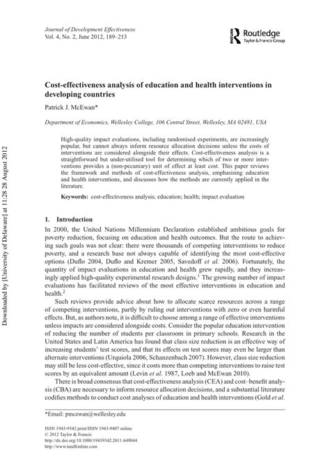 Pdf Cost Effectiveness Analysis Of Education And Health Interventions