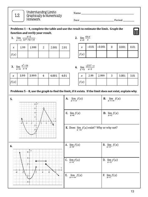 12 Understanding Limits Graphically And Numerically Work Pdf
